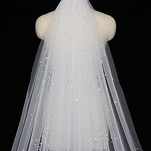 Wedding Accessory Luxury Off White Rhinestones Pearl Beads 3.5 Meter Long Wedding Veil with Comb Cathedral Veil Headwear Bridal Accessories (Color : Off White)