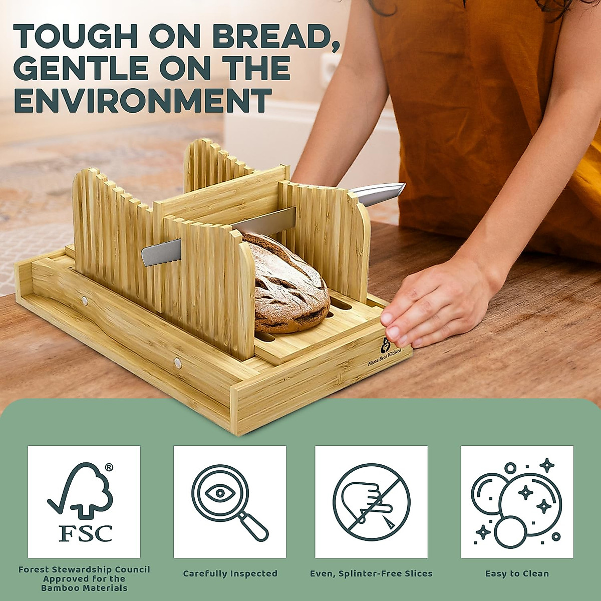 Mama Bear Kitchens Bamboo Bread Slicer with Knife - Adjustable & Durable Bread Loaf Slicer with Crumb Tray & Foldable Bread Cutter Guide - Easy to Clean & Store Bread Slicer for Homemade Bread