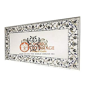 White Marble Dining Inlay Table Top Mother of Pearl Lapis Lazuli Inlay Floral Handicraft Design Decor