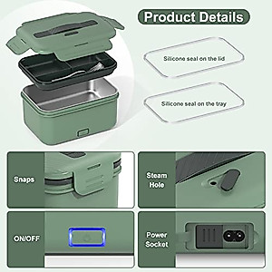 Vabaso Electric Lunch Box Food Heater, 60/80/100W Heated Lunch Box for Adults Car/Truck Home/Work, 1.8L/61oz Food Warmer Heating Lunch Box with Removable Stainless Steel Container, 12V/24V/110V220V