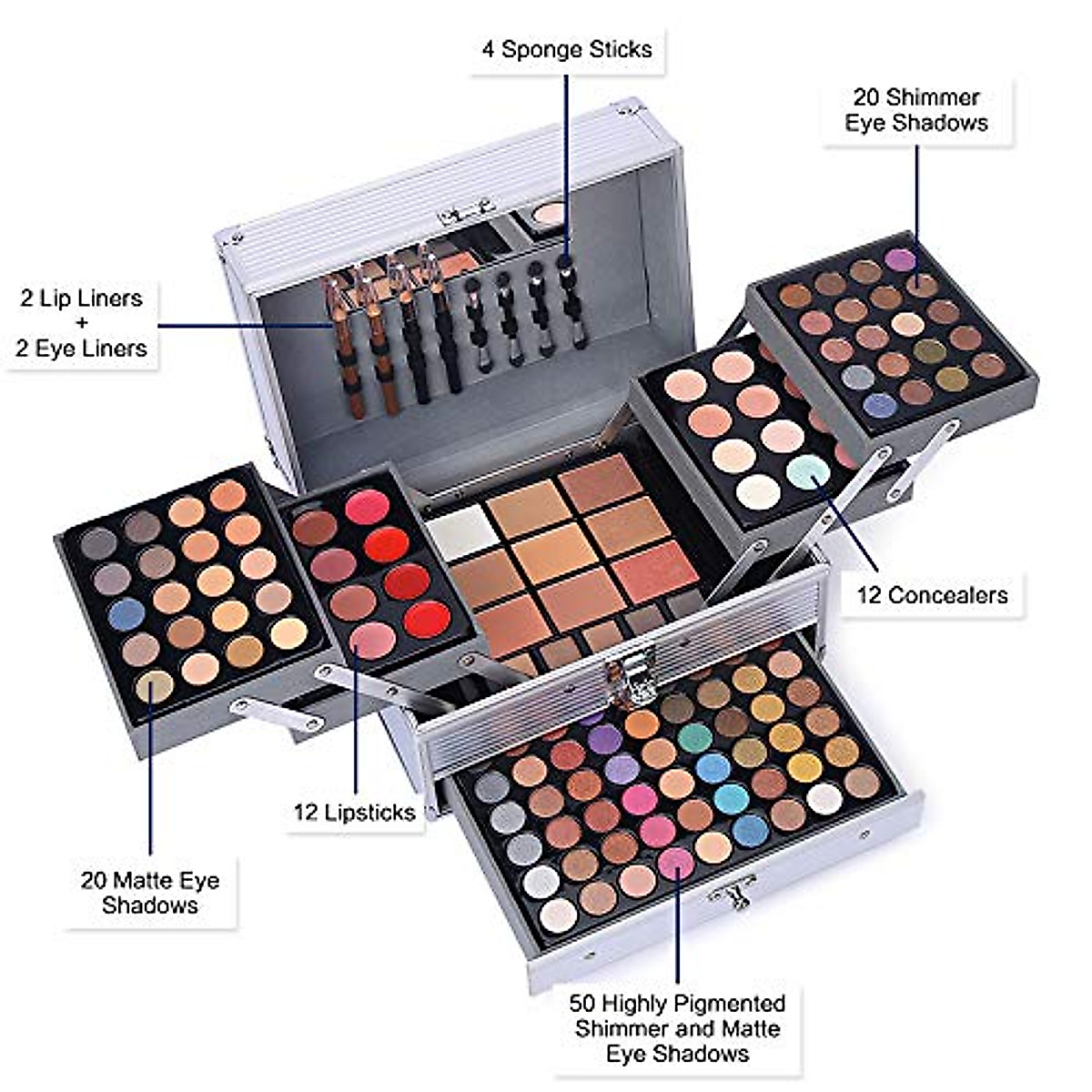 132 Color All In One Makeup Gift Set Kit- Includes 94 Eyeshadow, 12 Lip Gloss, 12 Concealer, 5 Eyebrow powder, 3 Face Powder, 3 Blush, 3 Contour Shade, 2 Lip Liners, 2 Eye Liners, 4 Eyeshadow Brush