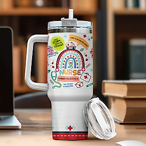 99OWL Nurse Daily Affirmation, Tumbler 40 Oz With Handle Lid And Straw, Nurse Gifts, Funny School Nursing White Coffee Tumblers Rainbow Nurses Cups For Er Straws Women Handle Cup