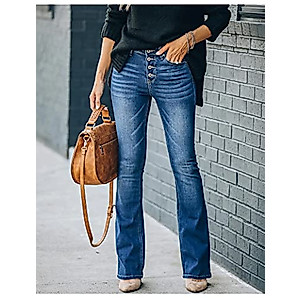 Akivide Womens Button Fly Stretchy Skinny Mid Waist Bootcut Jeans Flared Bell Bottom Demin Pants Deep Blue