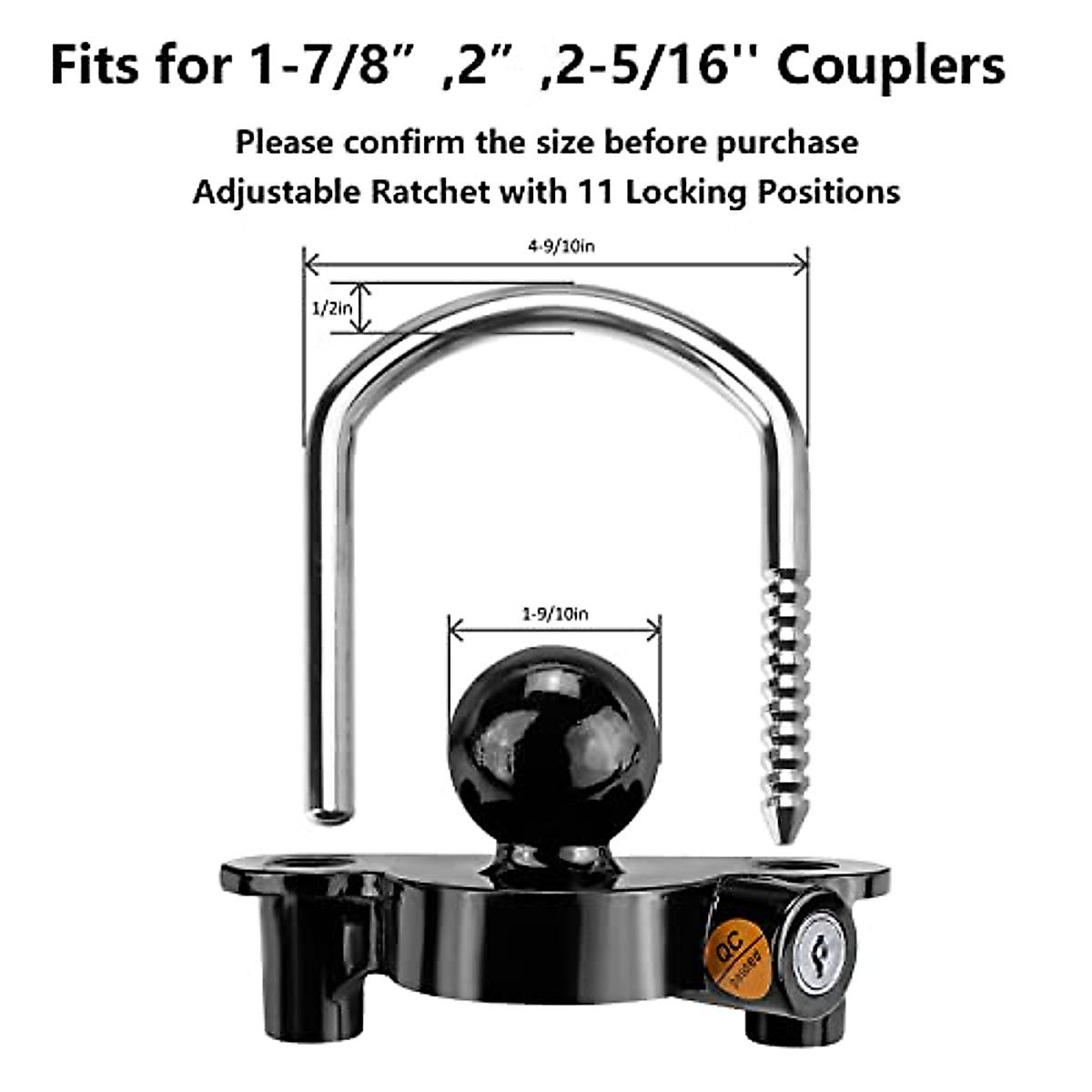 Funmit Trailer Coupler Lock with Keys fit 1-7/8", 2", and 2-5/16" Couplers, Universal Adjustable Heavy-Duty Locks for Boat Camper Rv Trailer Car, Black