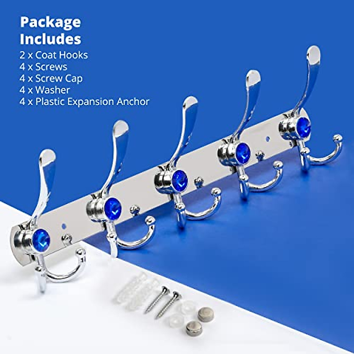 2 Pack Coat Hooks Wall Mounted – Premium Stainless Steel 5, Tri-Wall Hooks for Hanging Coats & Towels with Embedded Blue Jems – Heavy Duty Closet Hooks for Hanging Clothes, Robes, Hats (Silver)