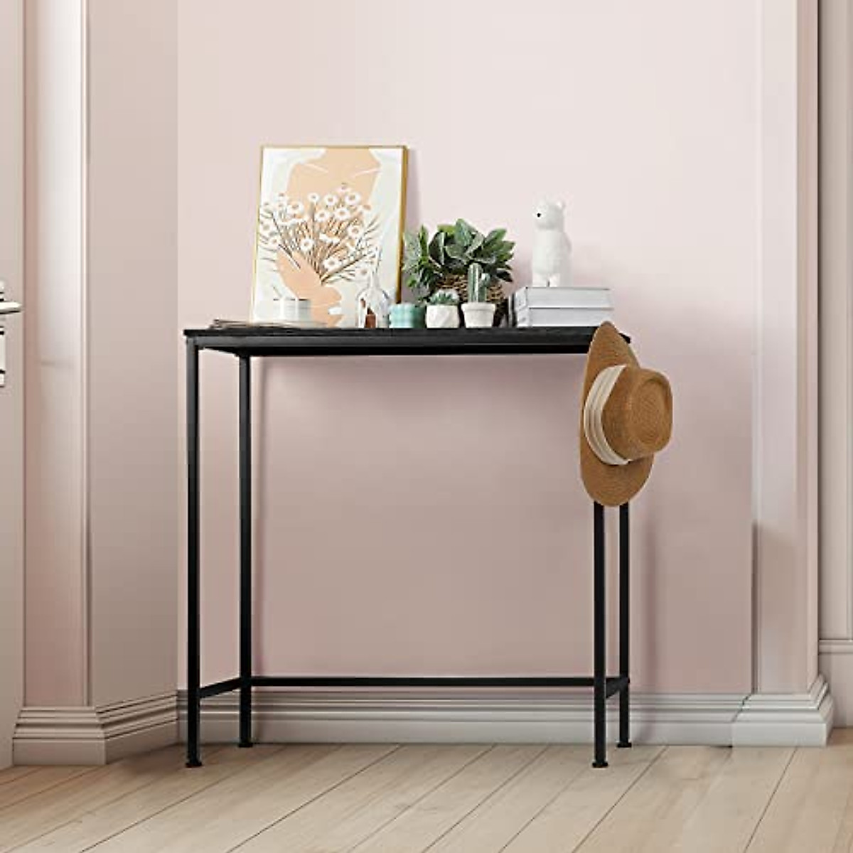 Small Console Table Black Entryway Table Modern Narrow Long Sofa Table Skinny Hallway Table Thin Behind Sofa Table Console Tables for Entryway 31.5 Inch with 2 Hooks, Sofa Side Display for Hallway