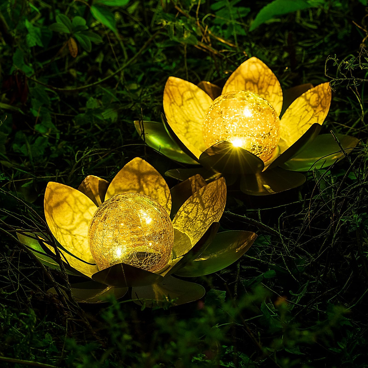 AIINY Garden Solar Lights Outdoor(2Pack) , Amber Crackle Globe Glass Lotus Decoration , Waterproof Orange Metal LED Flower Lights for Patio,Lawn,Walkway,Tabletop,Ground, Garden Gifts for Women