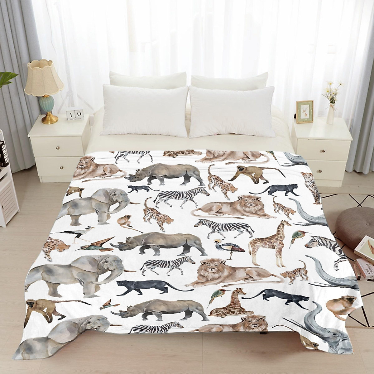 Animal Blanket Gifts for Boys Girls,Woodland Forest Animals Pattern Throws,Soft Plush Elephant Leopard Monkey Lion Hippo Print,Lightweight Quilts for Bed Sofa Decoration 60 x 50in for Teens