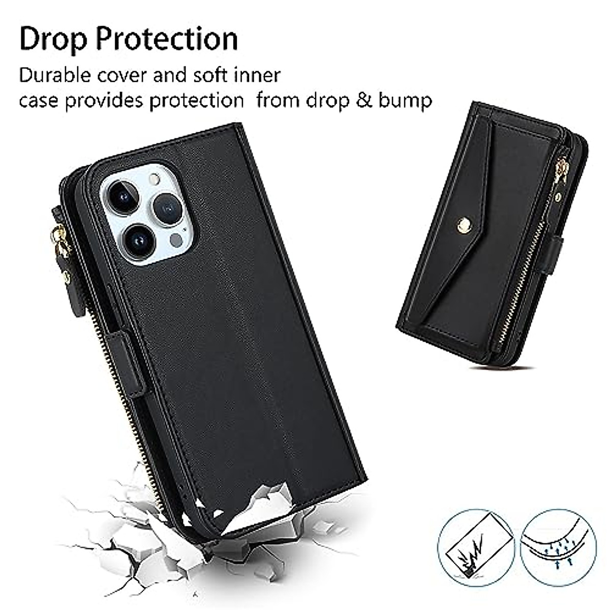 DEYHU for iPhone 13 pro max Wallet case,iPhone 13 pro max Phone case with Zipper Card Holders for Women Slots Crossbody Flip Folio Book Cover with Credit Card Holder Men case - Black