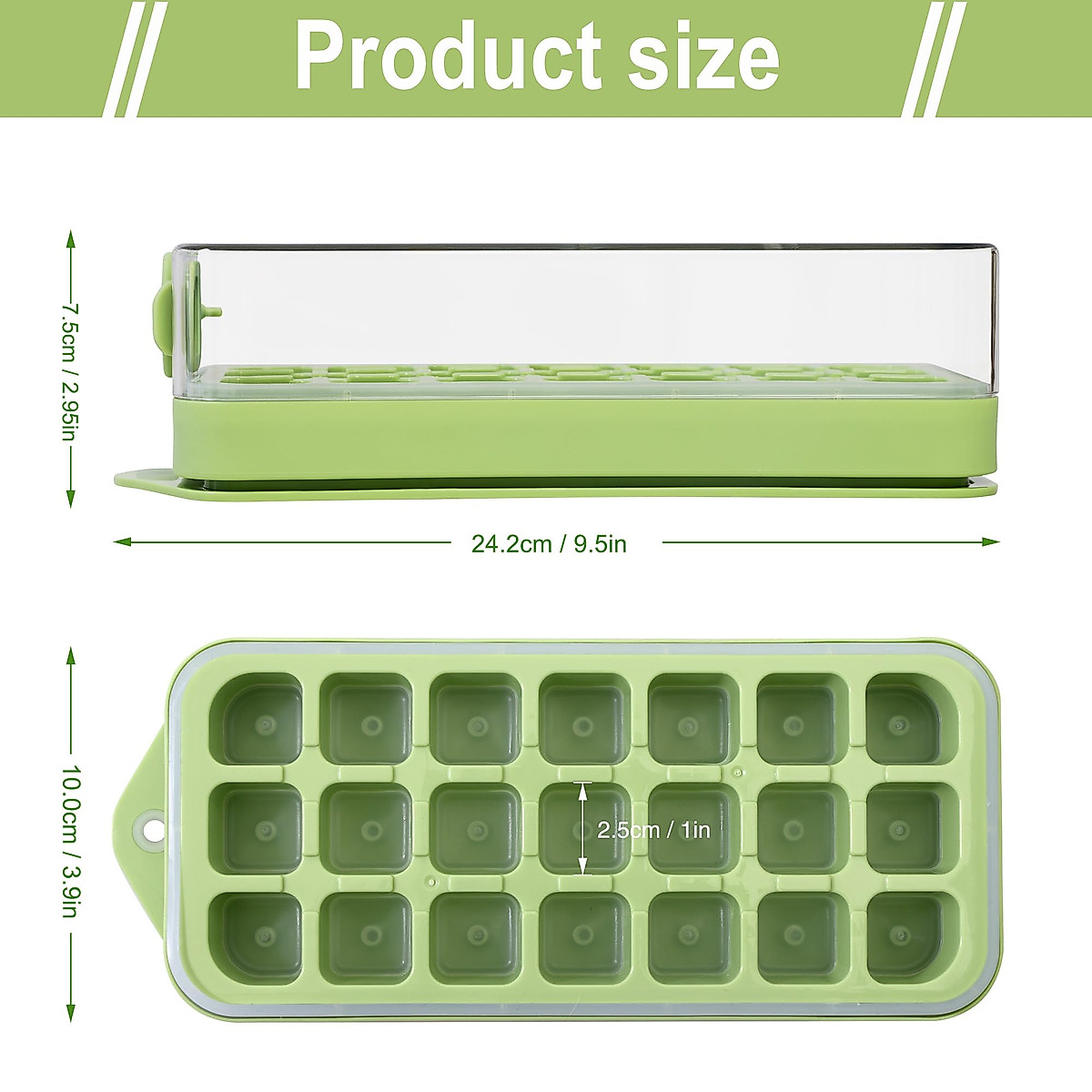 LYDTICK Ice Cube Tray with Lid and Bin, 21 Pcs Ice Cubes Mold for Freezer Easy Release, Quick Filling Without Touching, Green