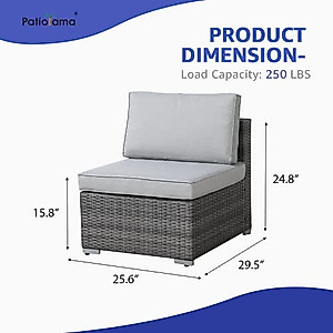 Patiorama Patio Armless Sofa, Outdoor Single Sofa, All-Weather Grey PE Wicker Rattan Sectional Sofa, Additional Chair for Furniture Set, Patio Seating for Balcony Garden Pool (Light Grey Cushion)