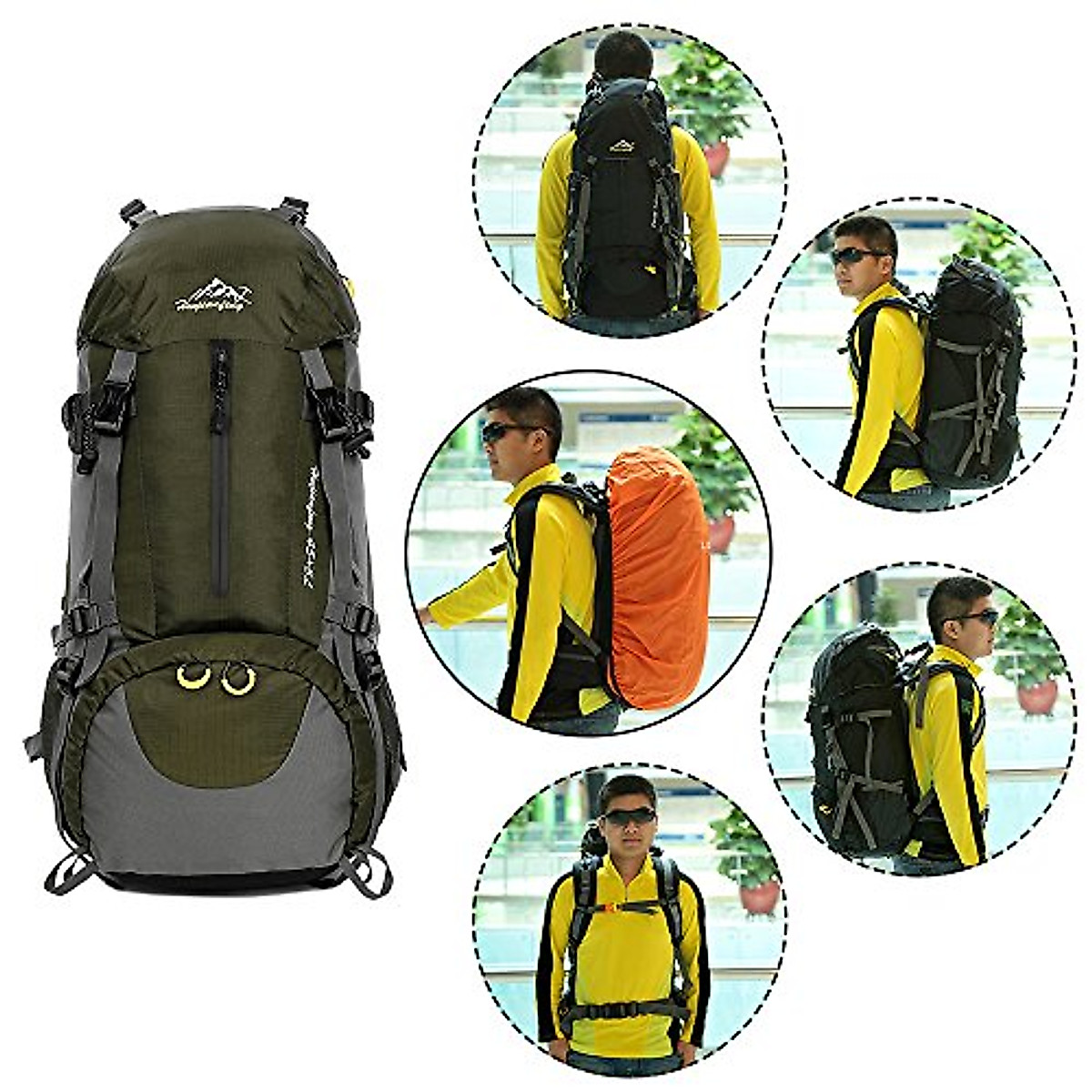 HUIOP Hiking Backpack, 50L Waterproof Outdoor Sport Hiking Trekking Camping Travel Backpack Pack Mountaineering Climbing Knapsack with Rain Cover