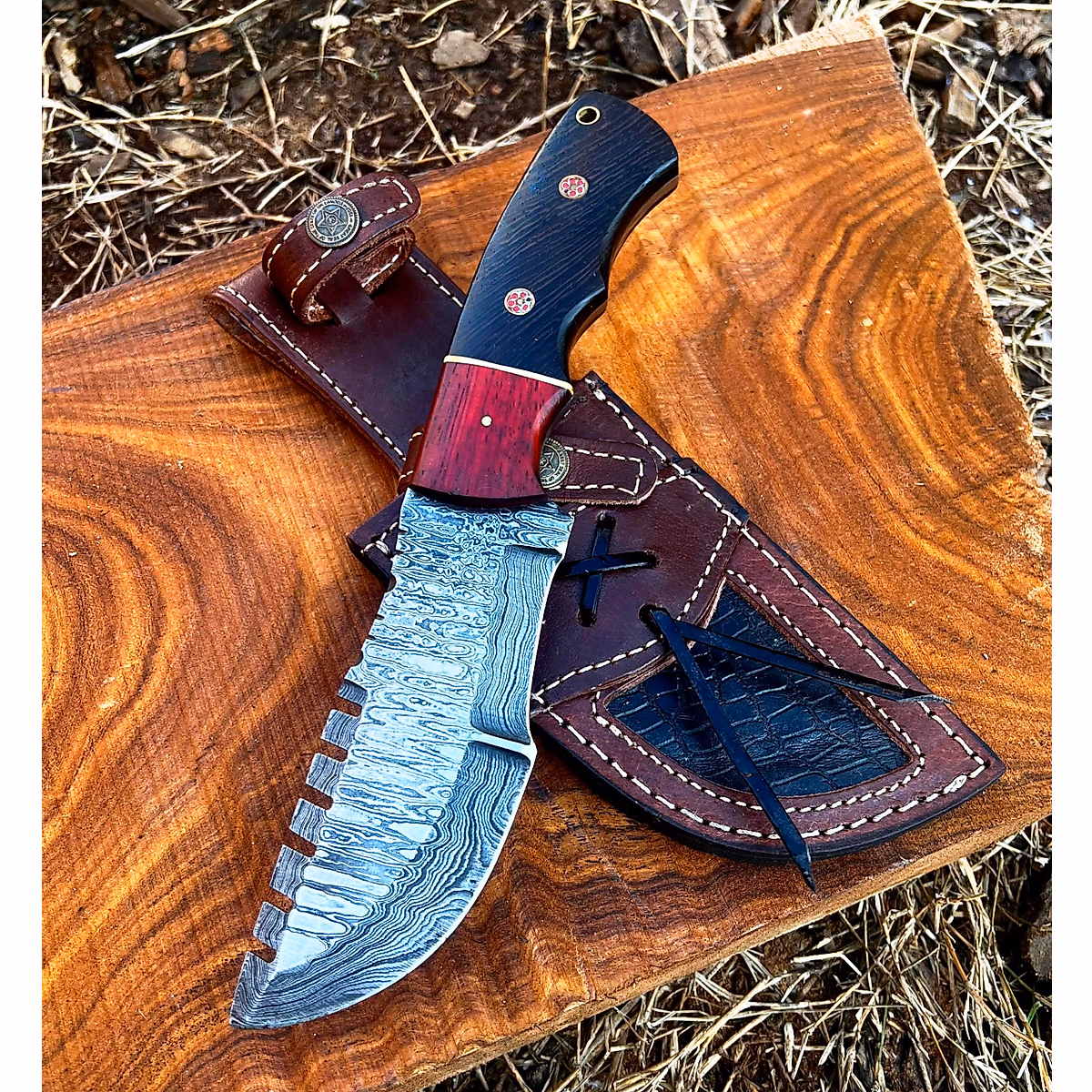 Handmade Tracker Knife Damascus Knife for Hunting Camping - 10 Inch Damascus Steel Hunting Tracker Knife with Horizontal Carry Sheath - Fixed Blade Survival tactical full tang Bushcraft Knife (Wenge & Padauk)