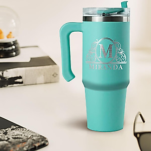Personalized 30 oz Travel Mug - Elaborate Circle Monogram - Seafoam Custom Engraved Cup with Handle Vacuum Insulated Tumbler Birthday Gift for Women, Men, Beer and Drinks