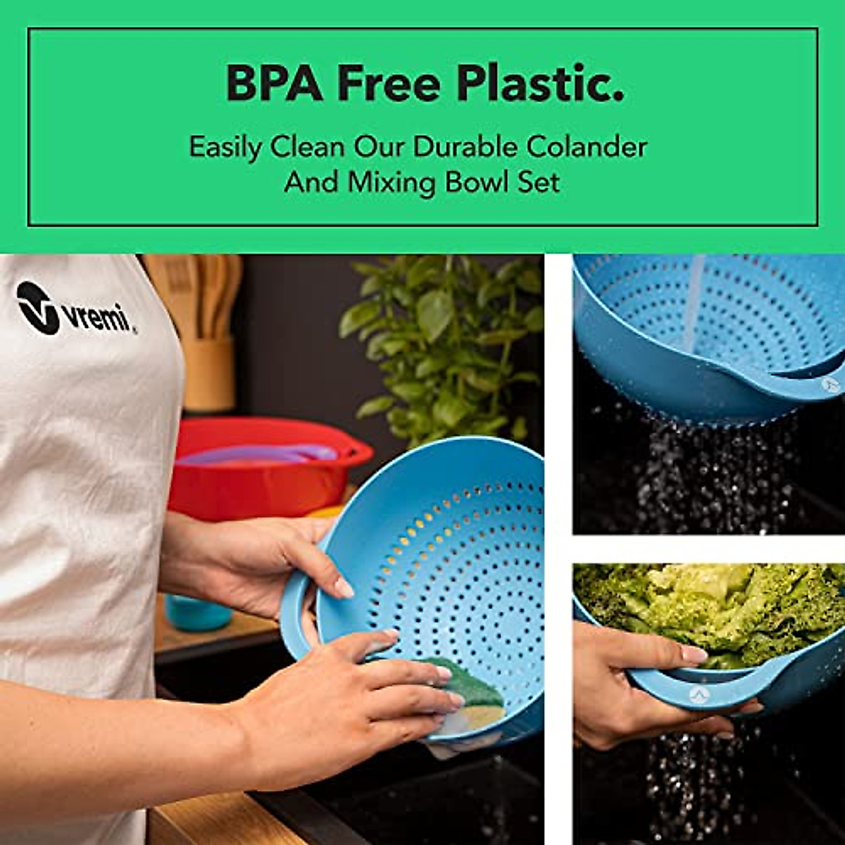 Vremi 13 Piece Mixing Bowl Set - Colorful Kitchen Bowls Colander Mesh Strainer with Handles Measuring Cups and Spoons - BPA Free Plastic Nesting Bowls with Easy Pour Spout for Baking Cooking and More