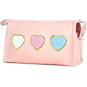 BYXEPA Preppy Heart Makeup Bag with Pocket Cosmetic Bag Waterproof Make up Travel Accessories Case Kids Portable Storage for Teen Girls Gift (Pink-Hearts)