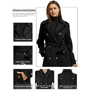 wantdo Women's Plus Size Double-Breasted Slim Solid Pea Coats with Belt Black XL