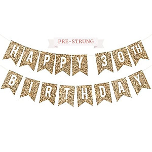 Pre-Strung Happy 30th Birthday Banner - NO DIY - Gold Glitter 30th Birthday Party Banner - Pre-Strung Garland on 6 ft Strands - Gold Birthday Party Decorations & Decor. Did we mention no DIY?