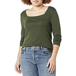 Amazon Essentials Women's Slim-Fit Long Sleeve Square Neck T-Shirt, Olive, Medium