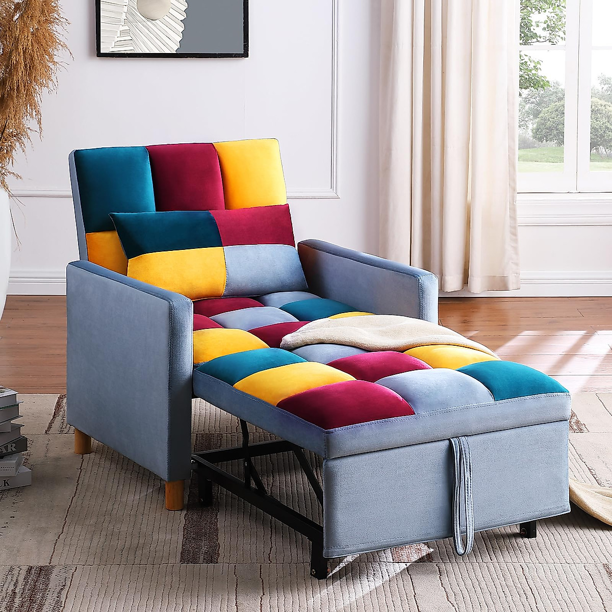 ODUWA Convertible Chair Bed,3-in-1 Sleeper Single Sofa Chair Bed with Pillow,Adjustable Backrest Recliner with Soft Velvet Fabric,Pull Out Sleeper Bed for Living Room,Dorm,Apartment,Bedroom or Office