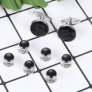 Jstyle Mens Cufflinks and Studs Set Tuxedo Shirts Classic Black&Silver Match for Business Wedding Formal Suit
