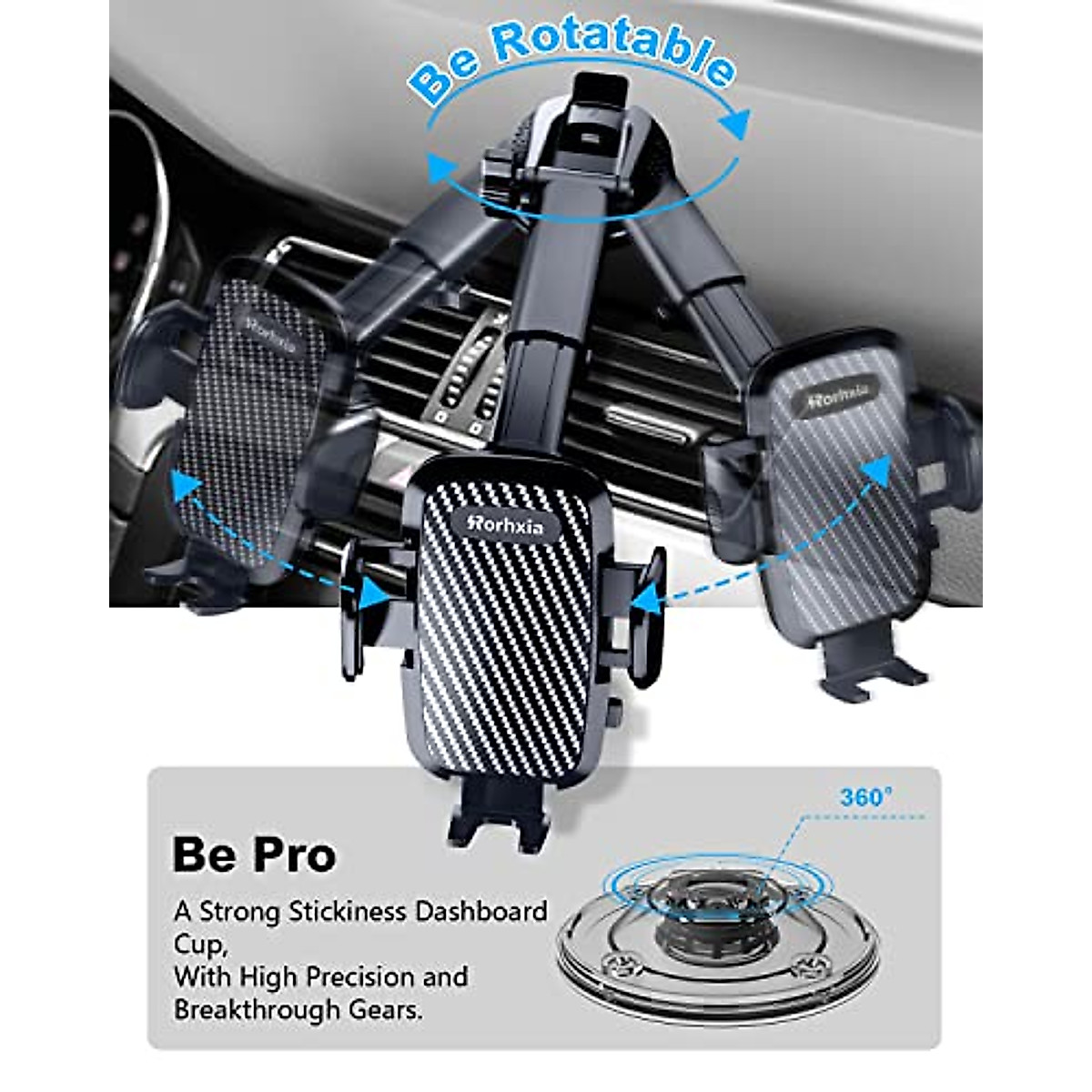 Rorhxia 2023 Upgraded Car Phone Holder Mount [Groundbreaking Protection & Rotatable Base] 3 in 1 Dashboard Vent Windshield Cell Phone Holder Car Fit for iPhone 14 13 12 Pro Max Samsung S23 All Phones