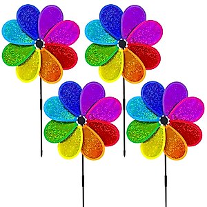 4PCS Flower Wind Spinner Sparkly Lawn Pinwheel 11.8 inch Colorful Rainbow Garden Windmill Toys for Garden, Party, Outdoor, Yard Decor