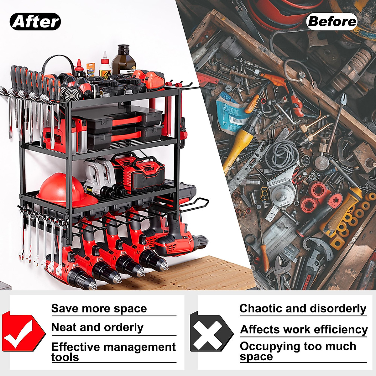 CATCHLUCK Power Tool Organizer Power Tool Storage 6 Drill Holder Wall Mount, Heavy Duty Metal Power Tool Rack 4 Layer 12 Hooks Tool Organizer