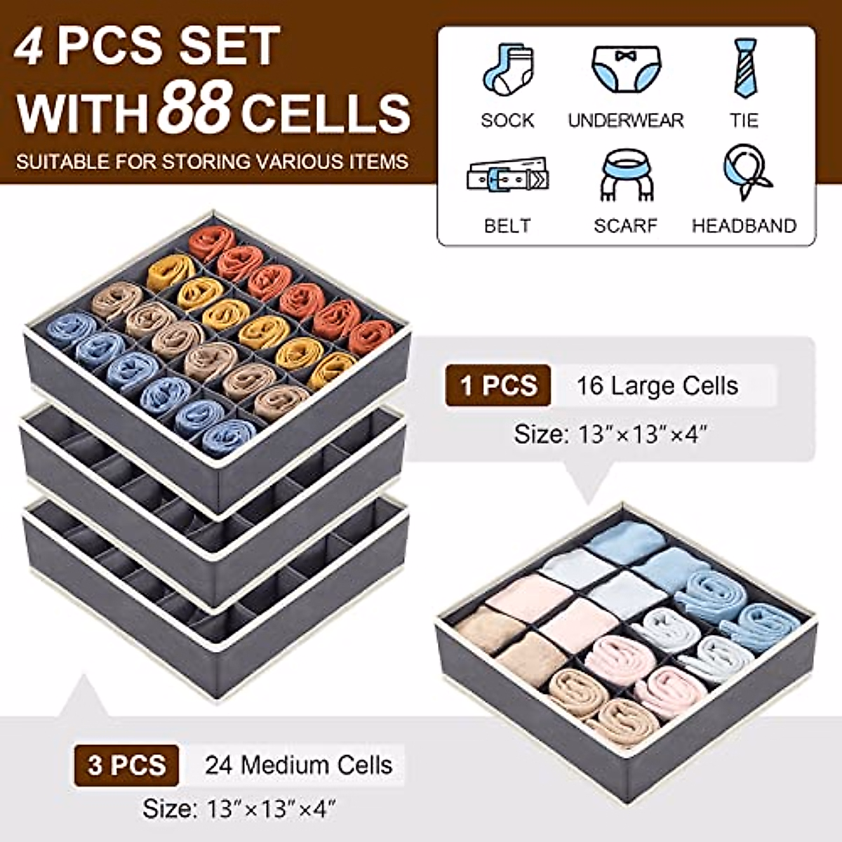 4 Pack Sock Underwear Organizer Drawer Dividers, 88 Cell Foldable Fabric Dresser Closet Organizers Bins, Bedroom Cabinet Organization and Storage Box for Socks, Underwear, Panty, Ornament, Ties