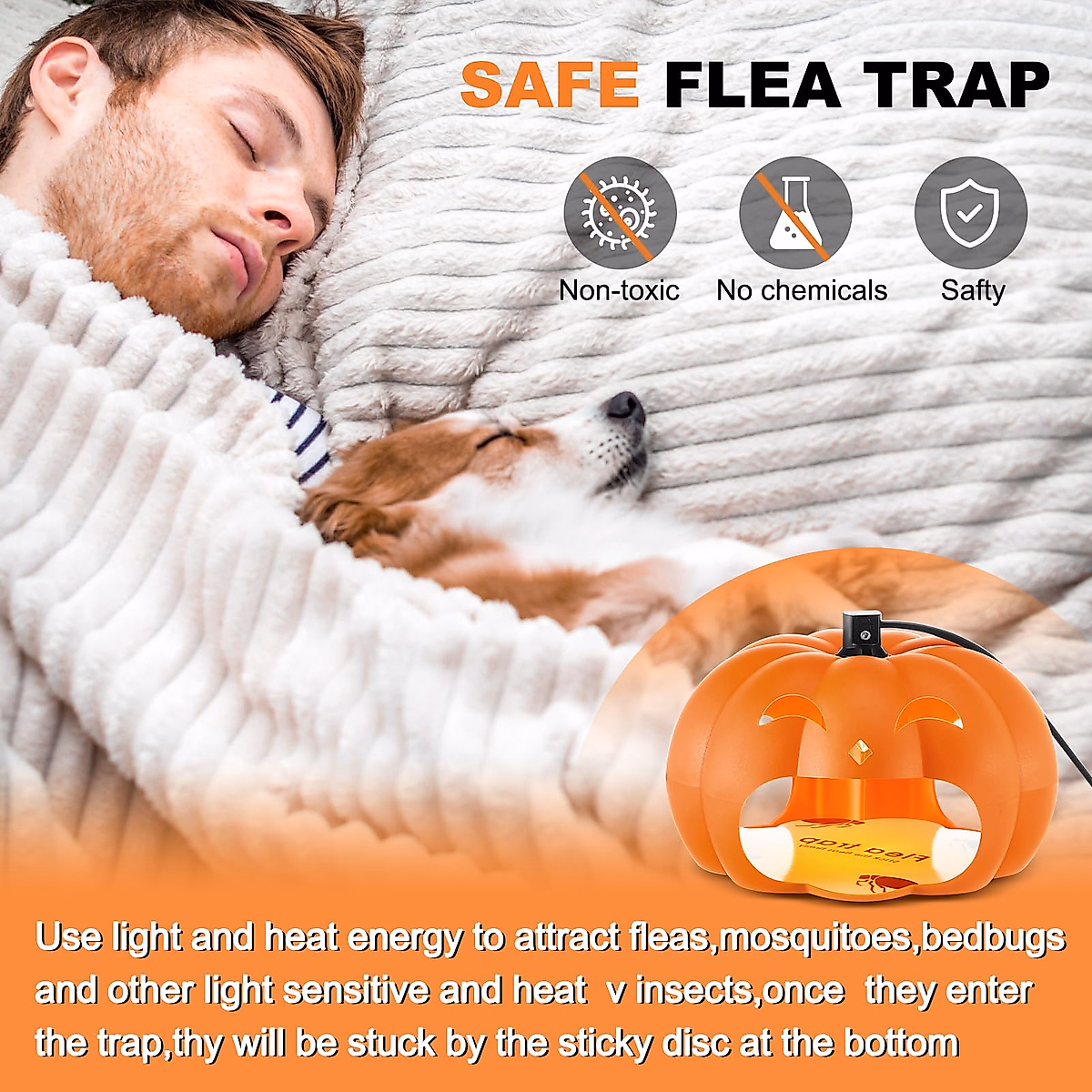 Qualirey 4 Pieces Flea Traps with 8 Sticky Disc 12 Bulbs 4 Electric Wires Pumpkin Flea Traps for Inside Your Home Safe Flea Light Trap for Indoor Safe to Pets