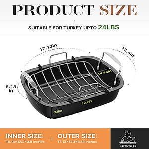 Nonstick Turkey Roasting Pan with Rack, 17 x 13 Inch Turkey Pan, large roaster pan for Meat & Vegetable, (Silver)