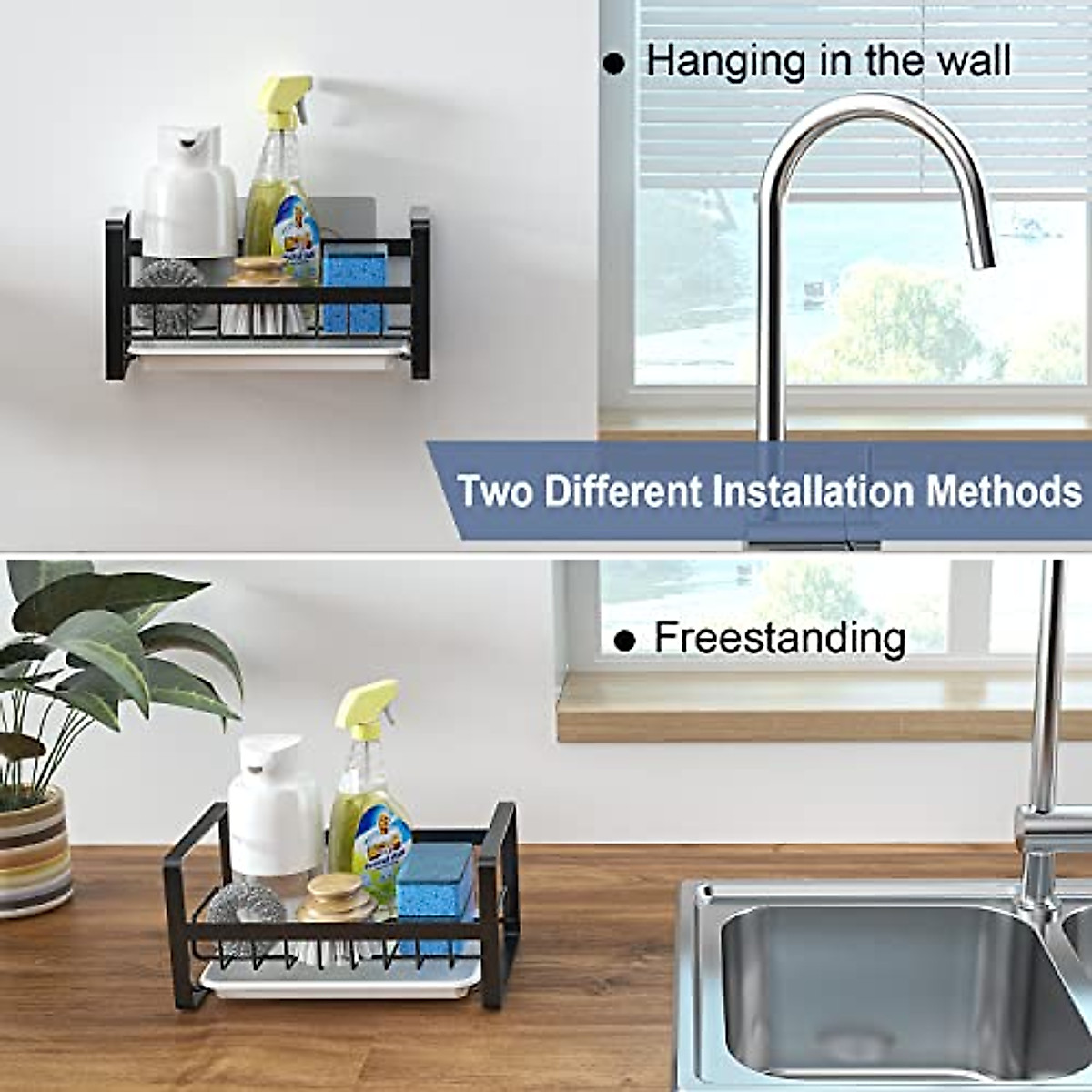 Kitchen Sink Caddy Sponge Holder, 304 Stainless Steel Sink Tray Drainer Rack, Soap Brush Dispenser, Countertop or Adhesive Sponge Holder Organizer for Sponge Dish Brush Soap with Removable Drain Tray