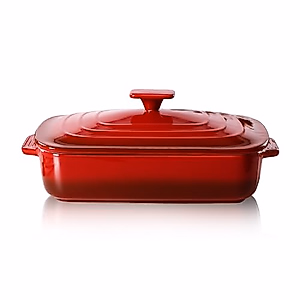Lareina Large Ceramic Casserole Dish with Lid, 4.0 Quart Covered Rectangular Stoneware Baking Dishes for Oven, Deep 9x13 Inch Lasagna Pans for Baking and Serving, Perfect for Christmas gifts, Red
