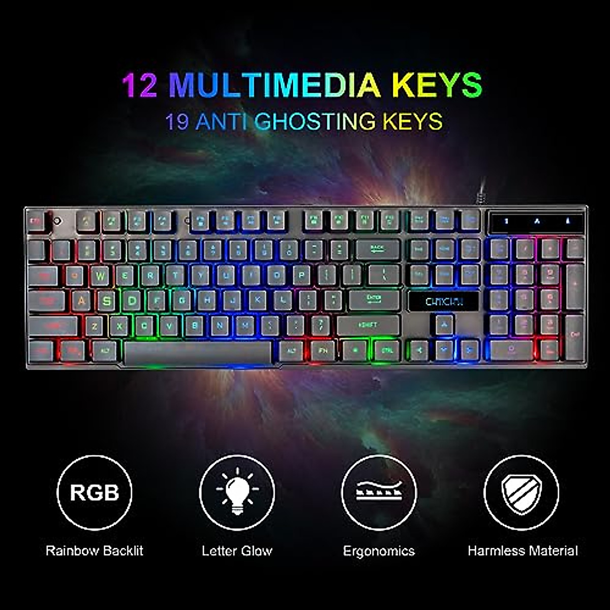 Gaming LED Keyboard Mouse Headset and Mousepad Bundle, CHONCHOW Wired Rainbow LED Light Up Gaming Keyboard Mouse Headset, Value 4 in 1 Gaming Set for Xbox PS4 PS5 PC Laptop Gamer