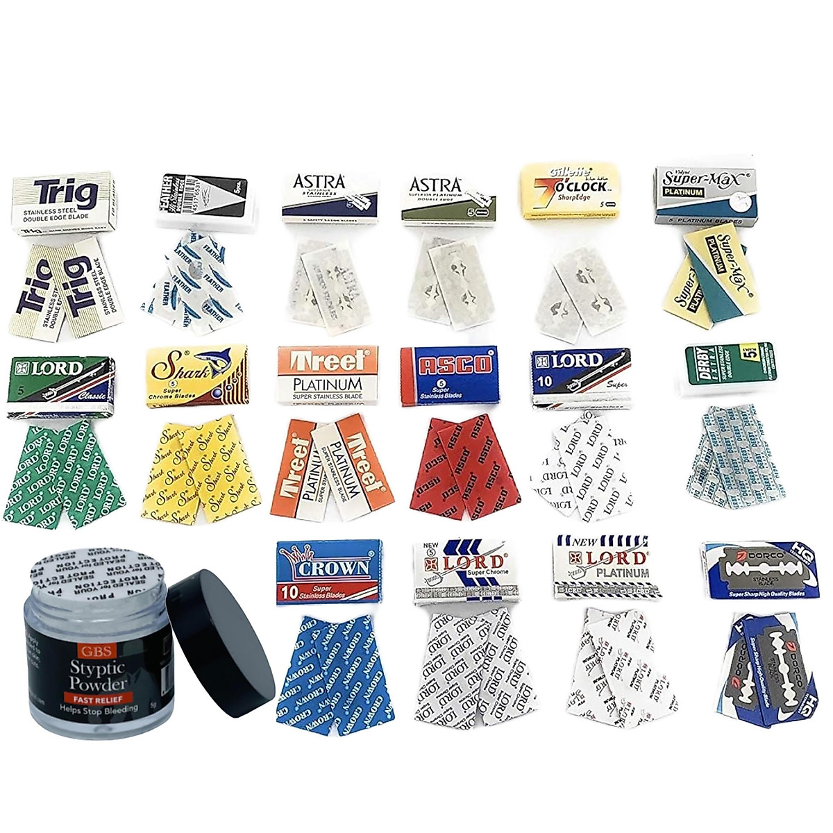 G.B.S Styptic Powder Razor Burn Relief Face Neck Razor Cuts and Nicks Soothes Skin and Pore After Shave, Double Edges Variety Double Edge Razor Blade Refills, Pack of 32