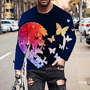 3D Shirt for Men Long Sleeve T-Shirt Graphic Summer Print Slim-Fit Crew Neck Casual Pullover Tee Shirts (Blue, XXL)
