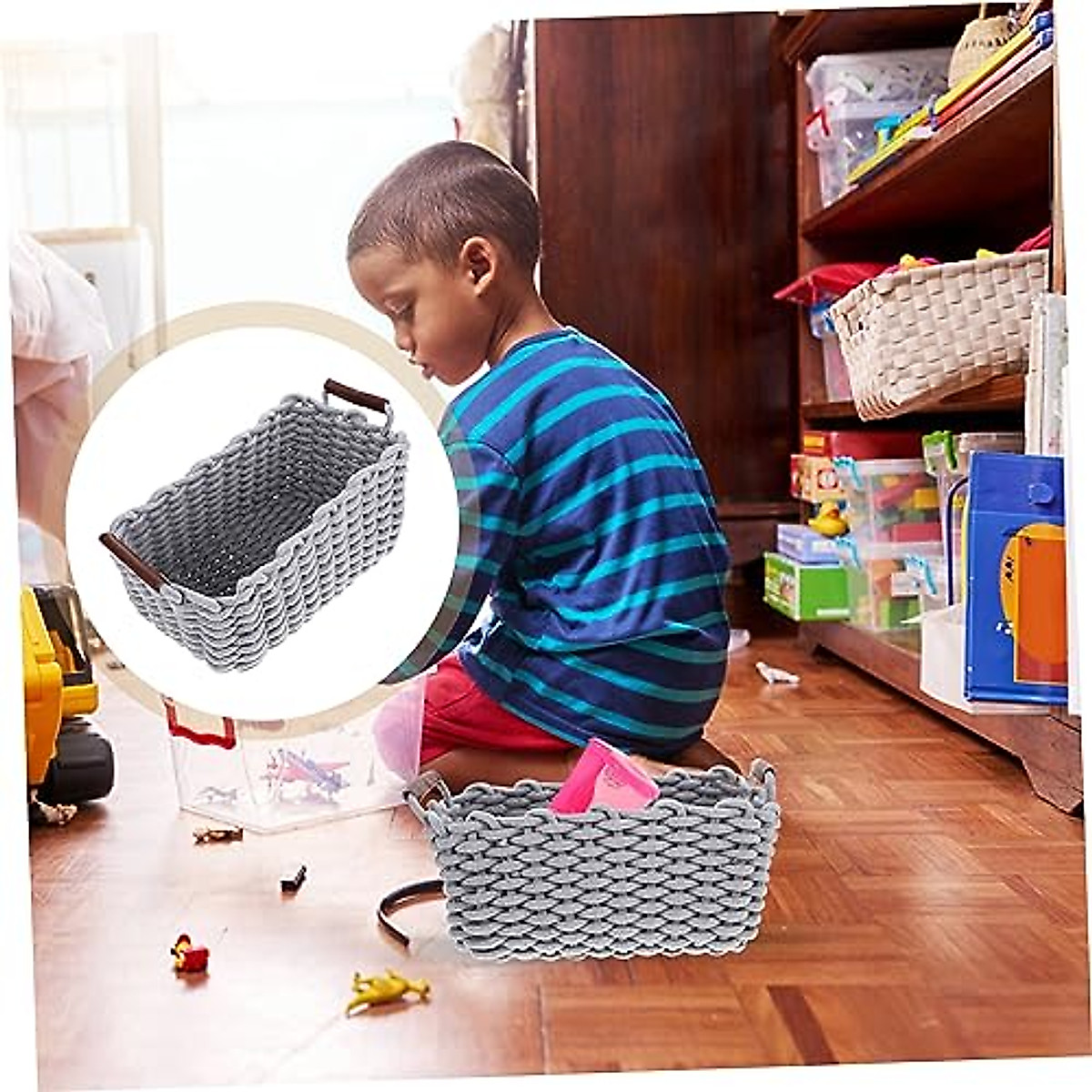 GLSTOY Book Storage Basket Organizers Baskets Sundries Storage Lightweight Basket Storage Bins for Shelves Bin Storage Rack Desktop Storage Basket Cotton Rope Basket Grey