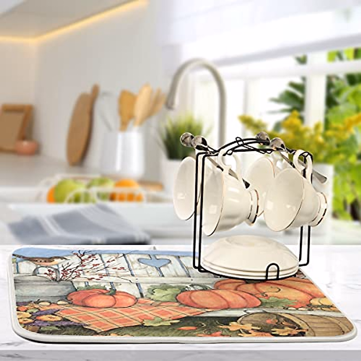 UMIRIKO Autumn Bird Sunflower Fall Pumpkin Dish Drying Mat for Kitchen Counter Thanksgiving Absorbent Fast Drying Pad Kitchen Dish Drainer Mat 18x24in 2020884