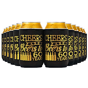 Crisky 60th Birthday Can Cooler, Black Gold Cheers to 60 Years Birthday Decoration Party Favor Can Covers, 12-Ounce Neoprene Coolers for Soda, Can Beverage, 12 Count