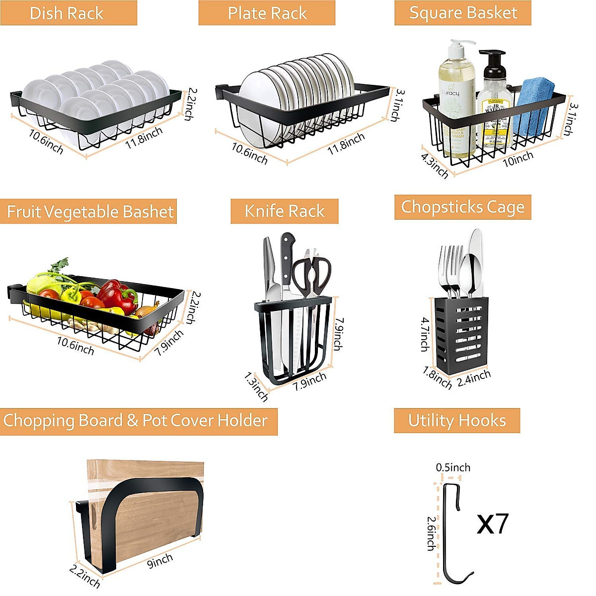 Dish Drying Rack Over The Sink, Adjustable（33.5-40.5in） Large Dish Rack Drainer for Kitchen Organization Storage Space Saver Shelf Holder with 7 Utility Hooks Dish Rack Over Sink【Fit Sink 32"- 39" L】