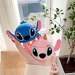Compatible with Stitch AirPods Case 1/2, Protective Silicone Cute Funny Kawaii for Stitch AirPods Case, Kids Teens Boys Girls Cartoon 3D Cover for AirPods Case Stitch with Ring (Big Ear Blue Stitch)