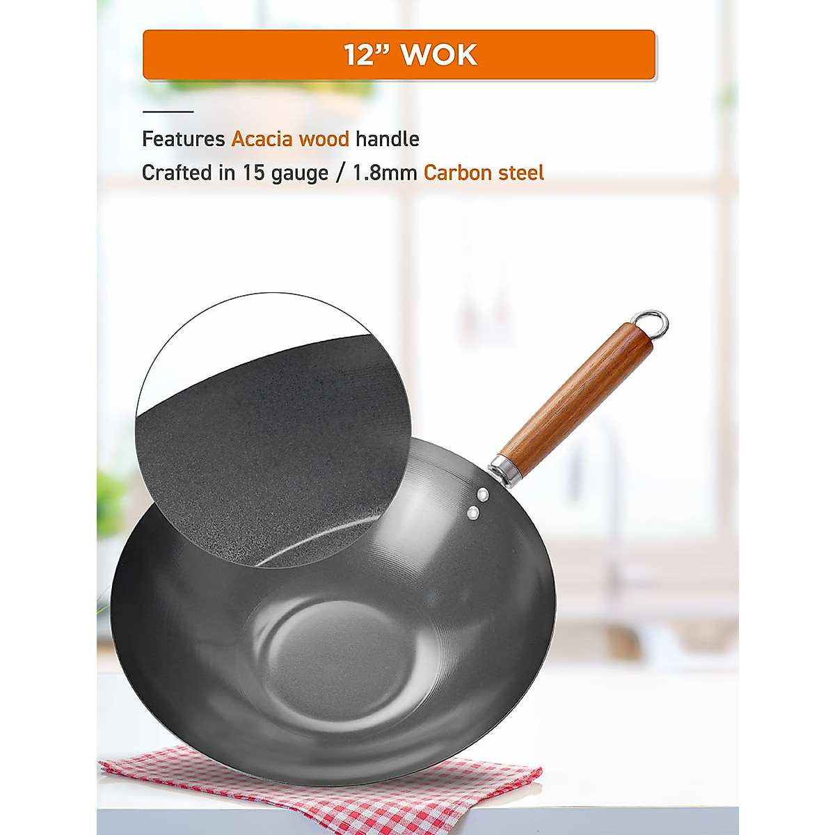 Commercial CHEF 12" Carbon Steel Wok with Acacia Wood Handle, Non Stick Stir Fry Pan with Ceramic Coating, Safe for Any Cooktop or Grill, Lighter and Cools Faster than Cast Iron
