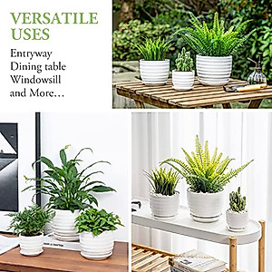 MyGift Modern Ribbed White Ceramic Indoor Plant Pot with Drainage Hole and Attached Saucer, Small Succulent Planter, Set of 3
