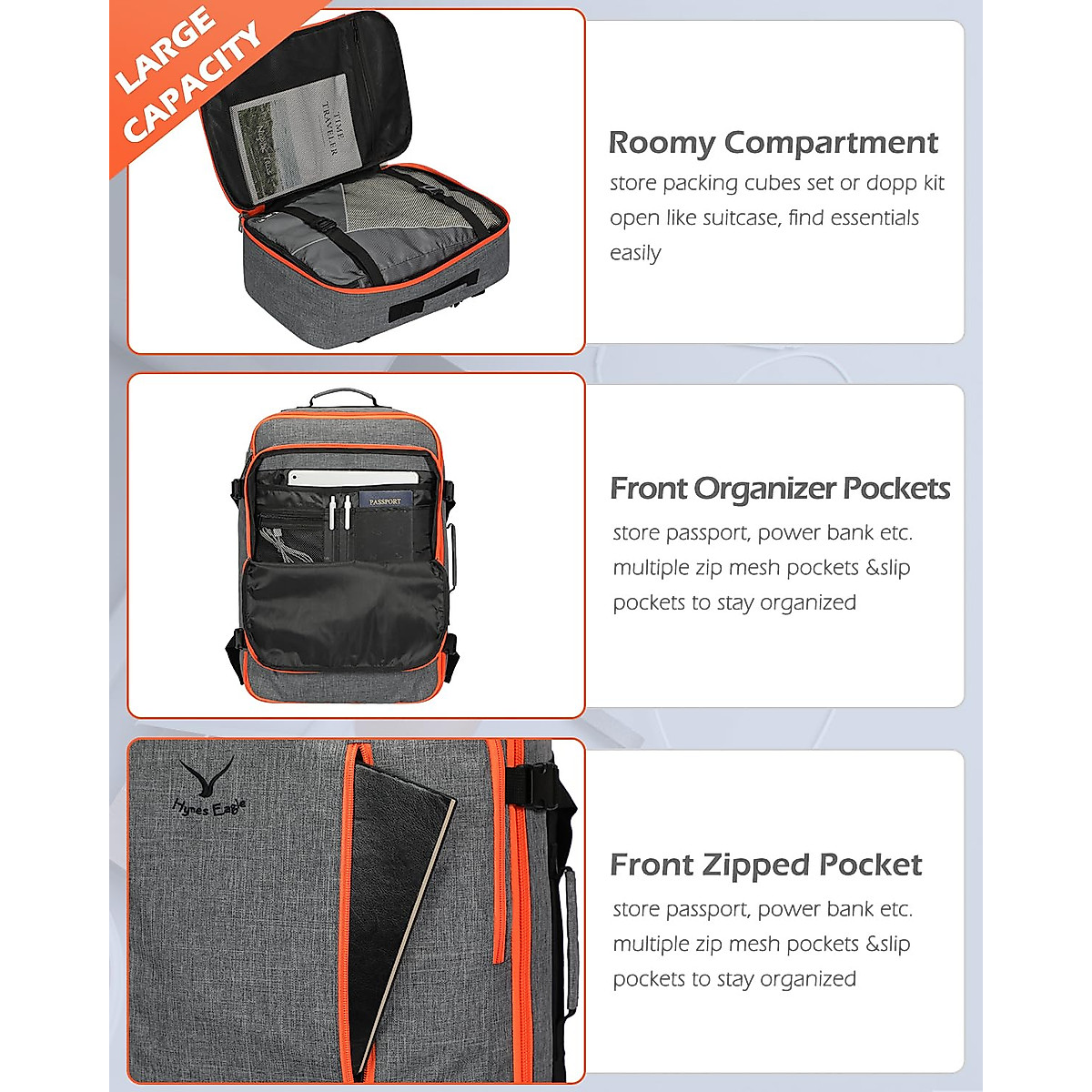 Hynes Eagle Carry on Backpack 38L Large Travel Backpack for Women Flight Approved Weekender Bag Laptop Backpack Men 15 inches Orange Grey with Black Grey