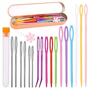 Plastic Large Eye Sewing Needles, Large-Eye Blunt Needles, Bent Tapestry Needles, Yarn Needles Crafting Knitting Stringing Needles with Storage Box and Needle Threader for Knitting Crochet