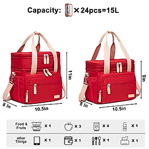 Weitars Lunch Bag for Women, Loncheras Para Mujer Waterproof Reusable Large Dual Compartment Lunch Box Wide-Open Cooler Tote Bag For Teacher Nurse Office Working Picnic Hiking (15L) (Red)