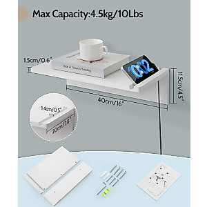 Mazjoaru White Floating Nightstand 16inch, Modern Natural Pine Wood Night Stand Floating Wall Shelves with Phone Slot, Cord Holes, Small Narrow Nightstands Bedside Tables for Bedroom Dorm Bedside