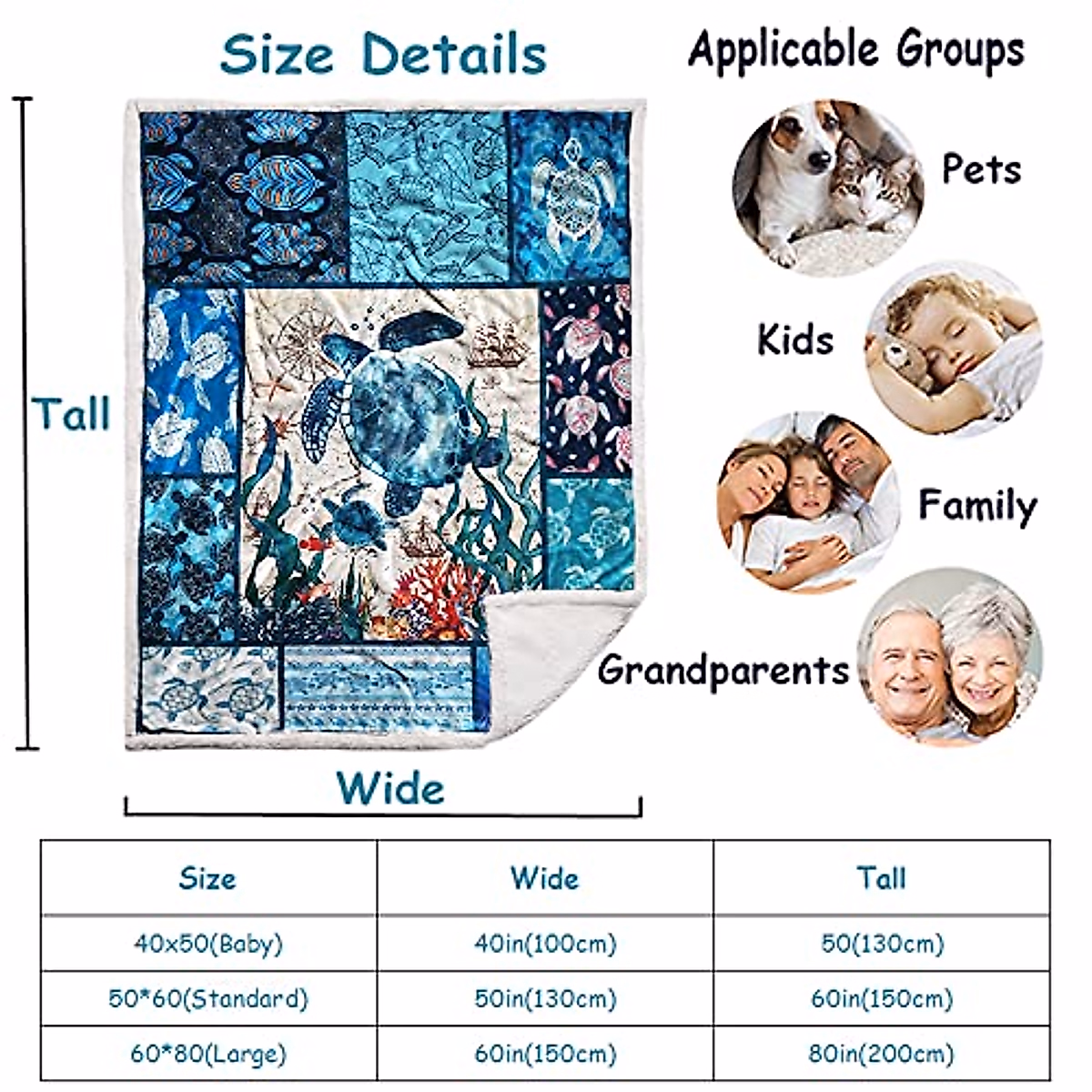 Zzkslife Sea Turtle Blanket Sherpa Fleece Blanket Cute Turtle Decor Animal Blanket for Bed Couch Stitch Blanket Blue Sea Turtle Gifts for Women(Turtle Throw,60"×80")