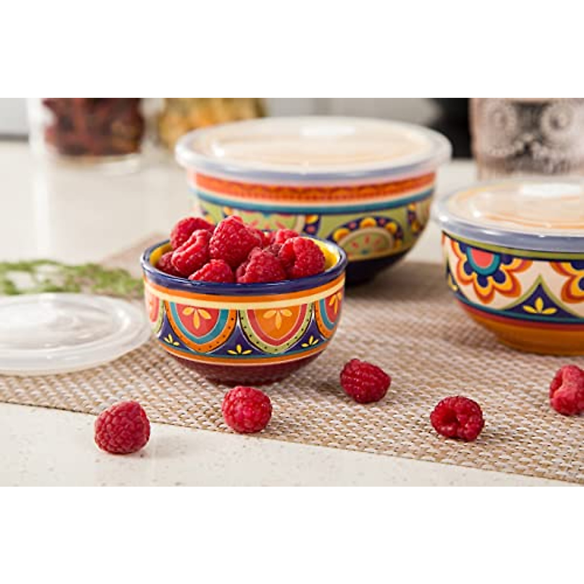 Bico Tunisian Ceramic Bowl with Air Tight Lid Set of 3(27oz, 18oz, 9oz each), Prep bowls, Food Storage Bowl for Salad, Snacks, Fruits, Microwave and Dishwasher Safe
