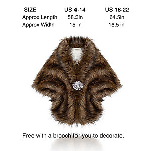 GORAIS Women's Wedding Faux Fur Shawls and Wraps Bridal Fur Scarf Stoles with Brooch for Bride and Bridesmaids (US 4-14(S-M), A Brown)